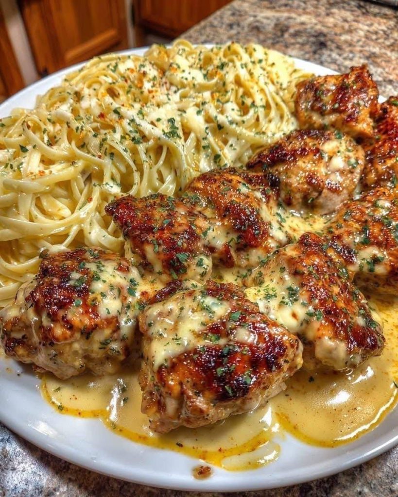 Garlic Butter Chicken Bites with Creamy Parmesan Pasta – Tiny House Zone